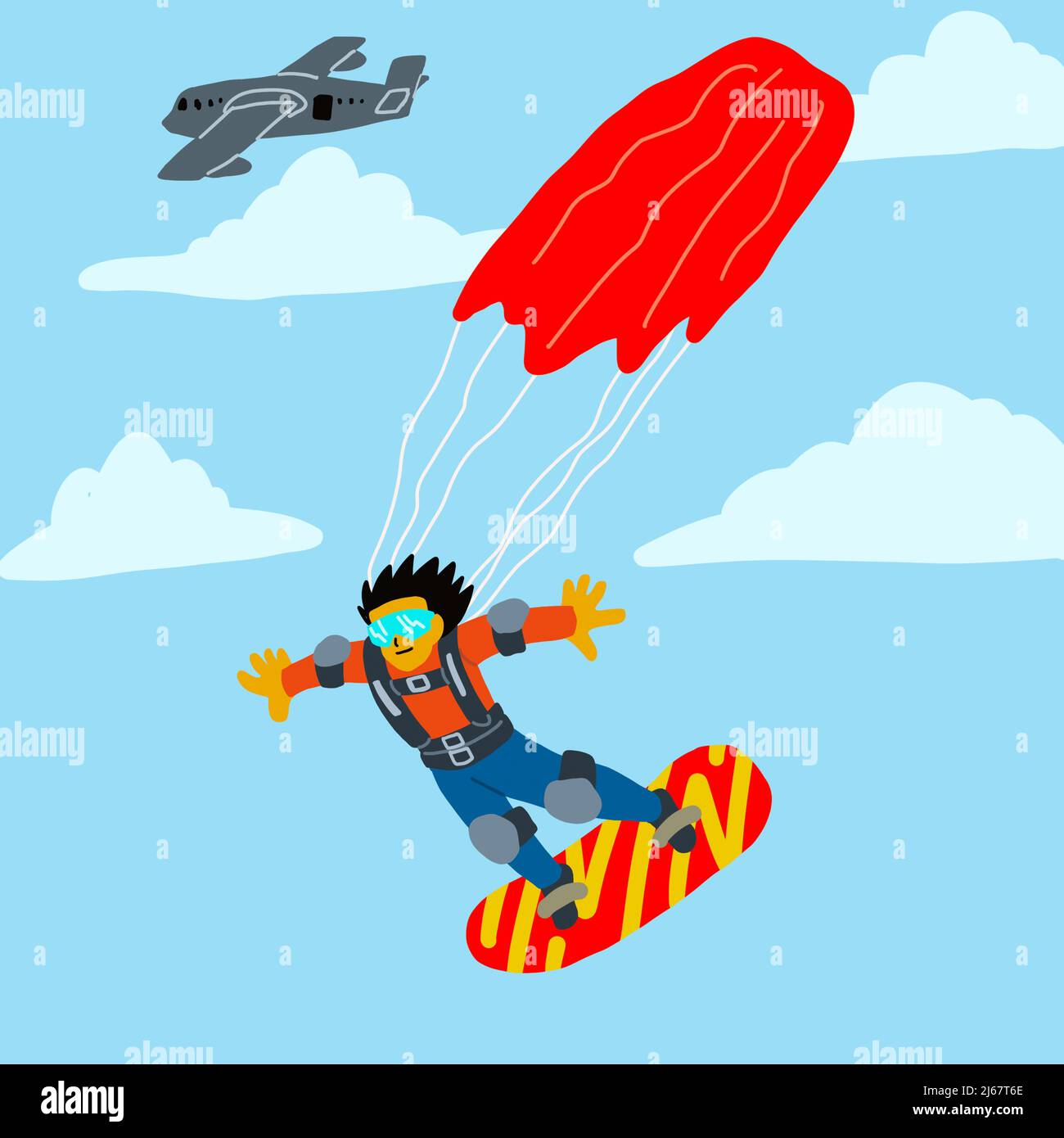 boy is in action full of danger parachuting in the sky, concept ...