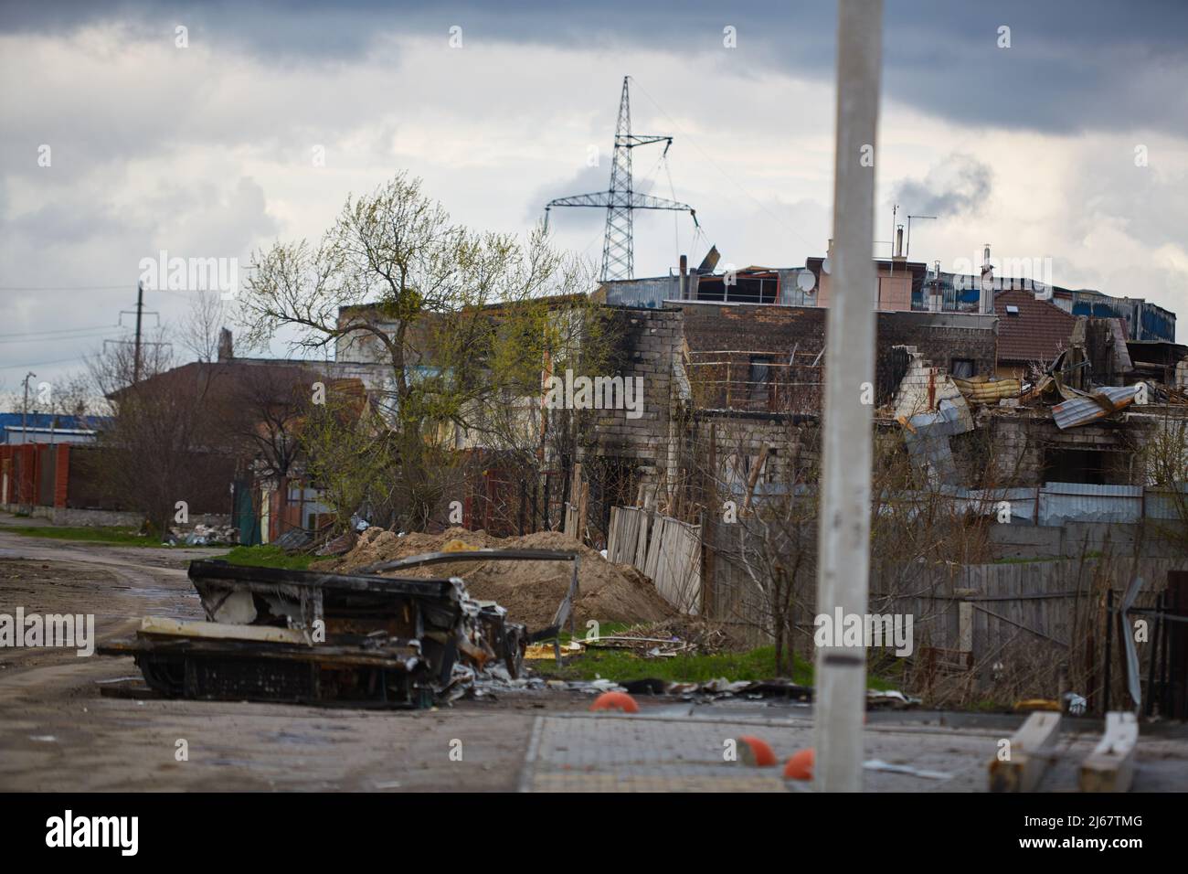 War of Russia against Ukraine. View on Butcha. A residential building ...