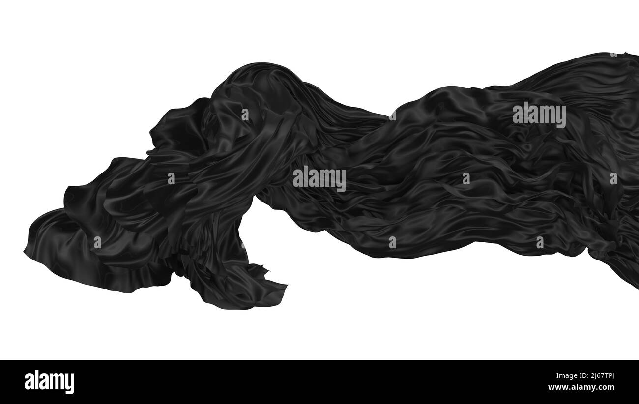 Beautiful flowing cloth flying in the wind. Black wavy silk or satin ...