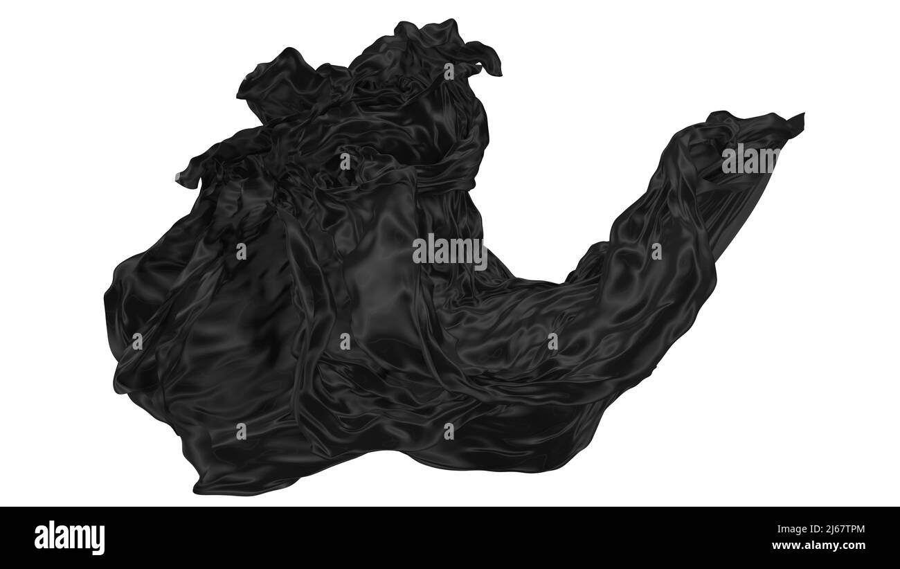 Beautiful flowing cloth flying in the wind. Black wavy silk or satin ...