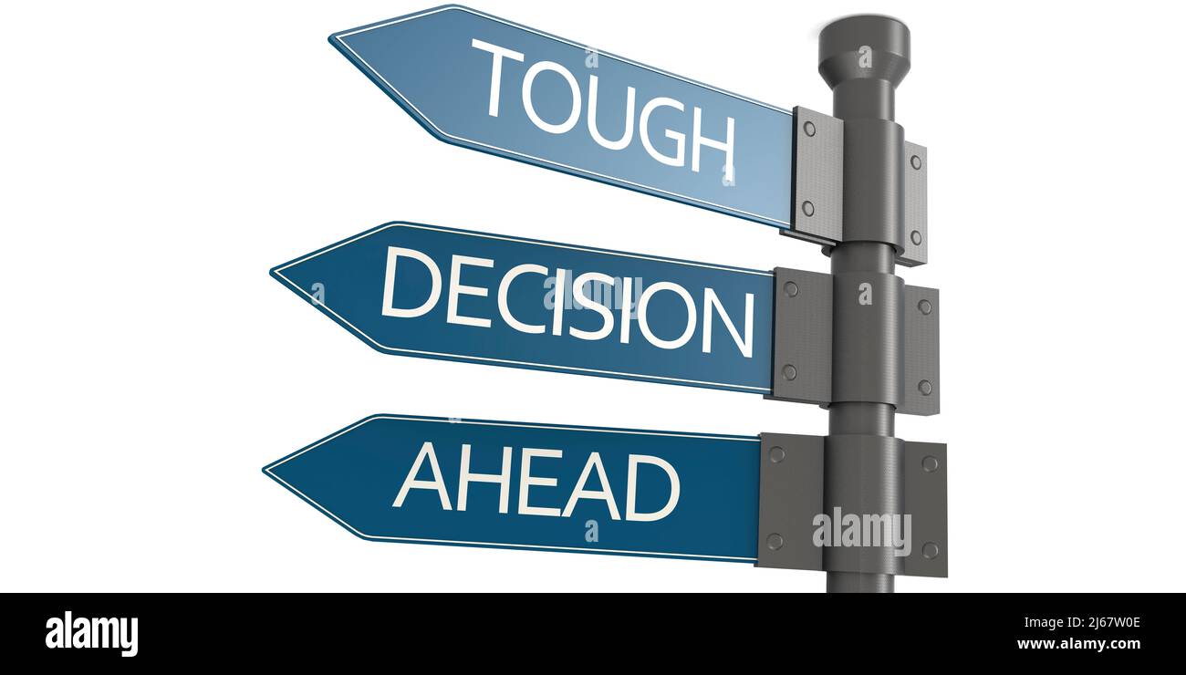 Tough decision ahead road sign with building facade, 3d rendering Stock ...