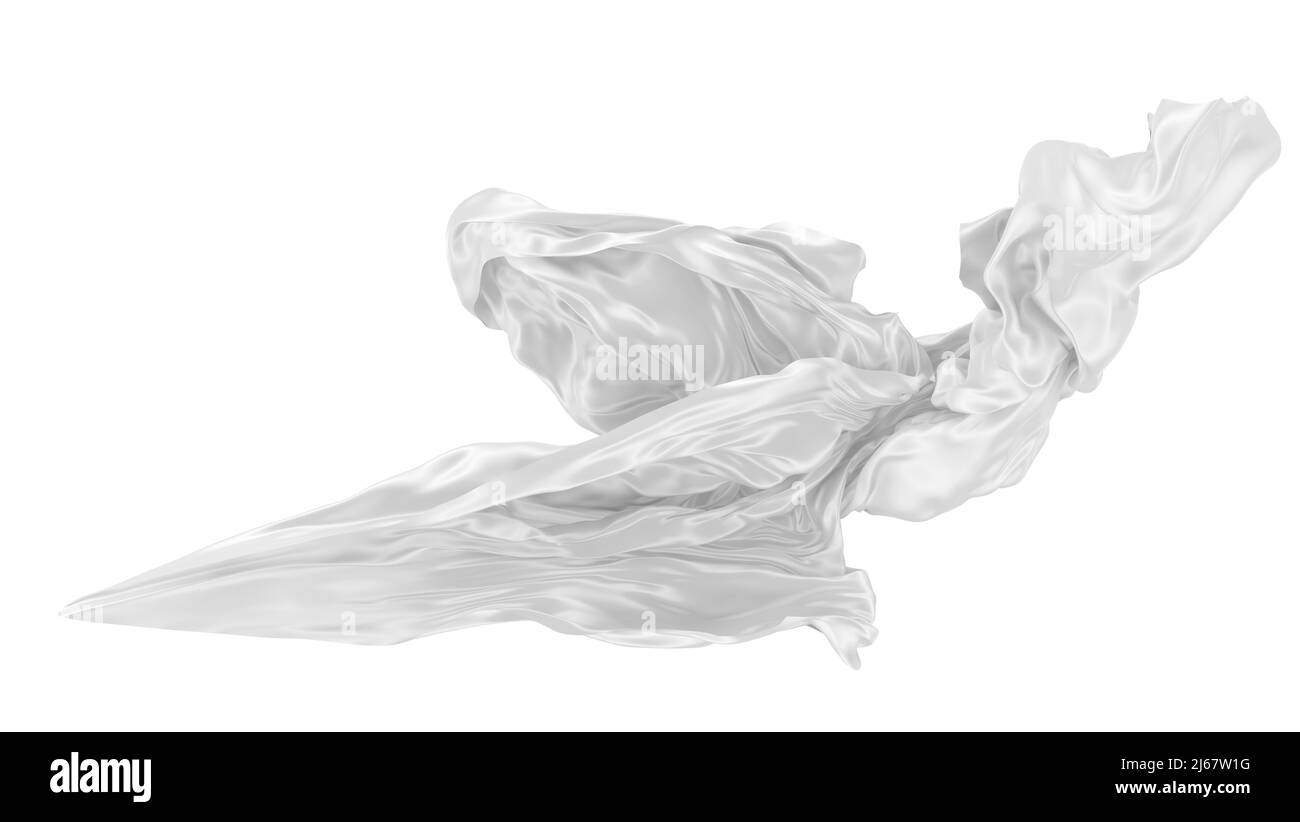 Beautiful flowing cloth flying in the wind. White wavy silk or satin ...