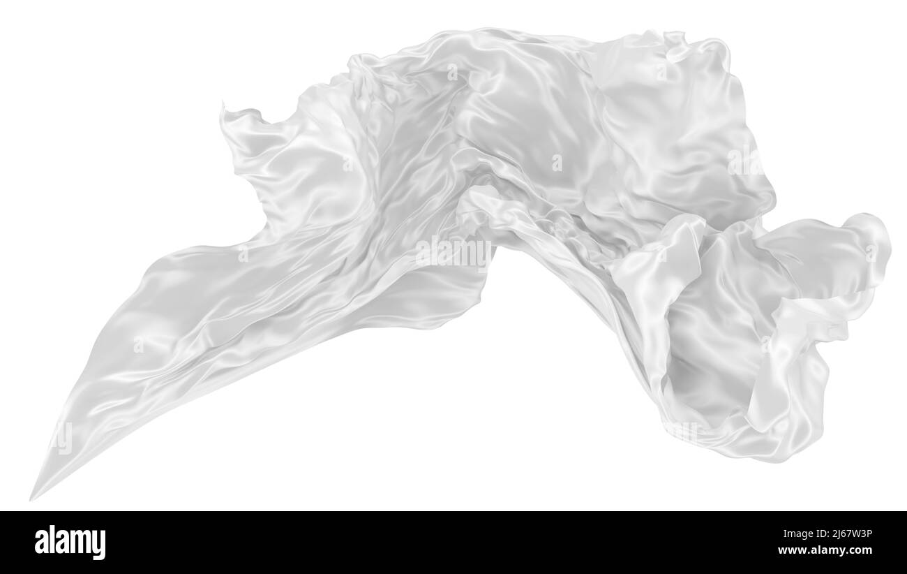 Beautiful flowing cloth flying in the wind. White wavy silk or satin ...