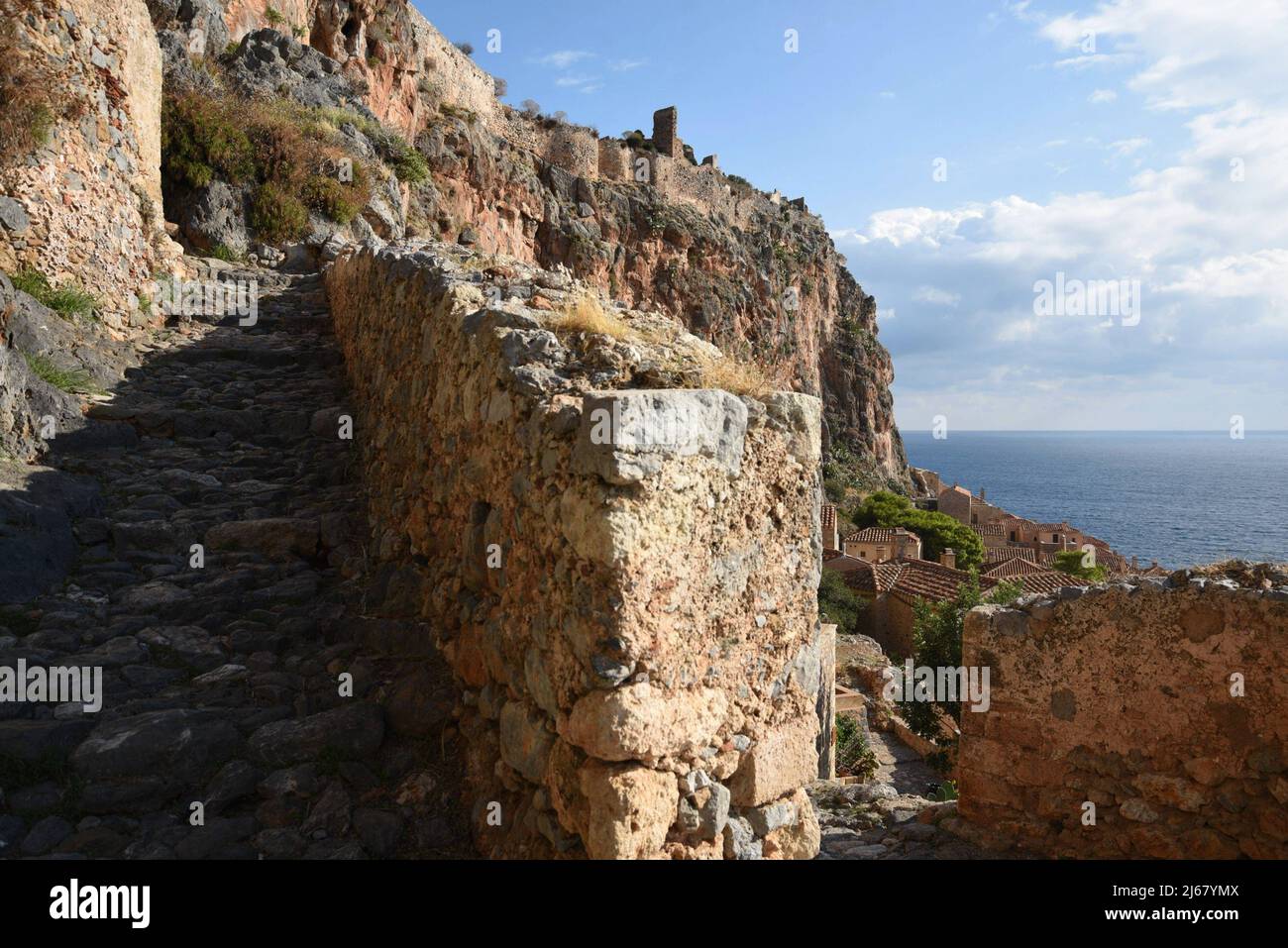 Landscape with scenic view of the fortified Upper Town of Monemvasia in ...