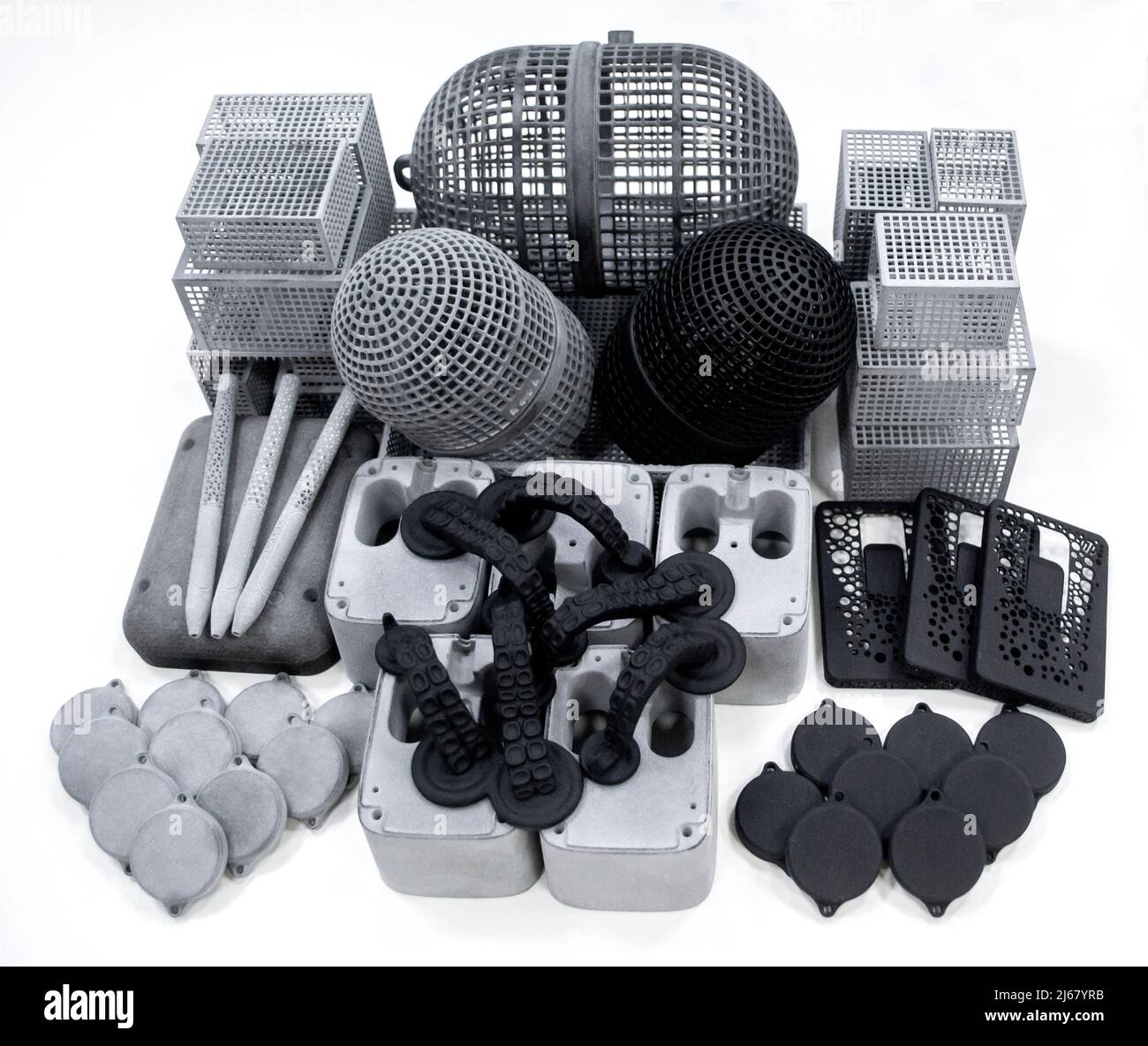 Many models printed on 3D printer. Gray and black objects printed 3D ...