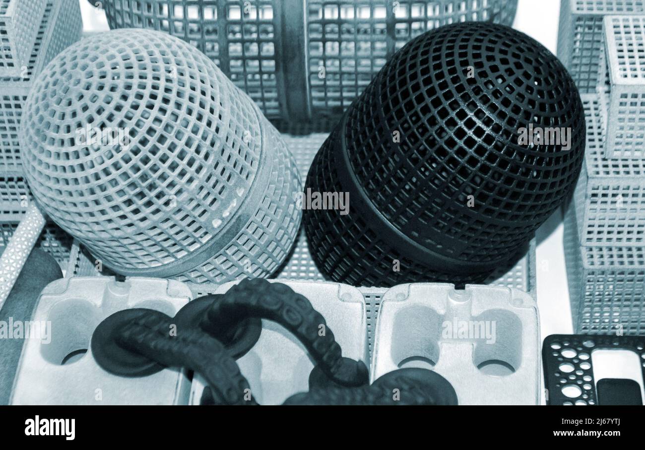 Many models printed on 3D printer. Gray and black objects printed 3D ... Many models printed on 3D printer. Gray and black objects printed 3D ...