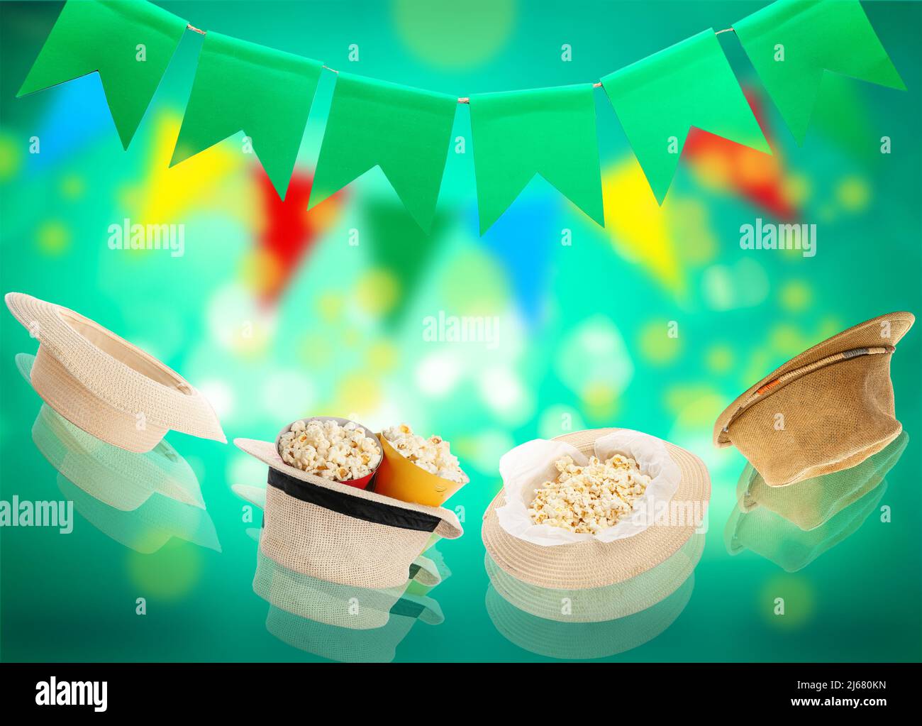 Flying farmer's hats with popcorn and garland on color background ...