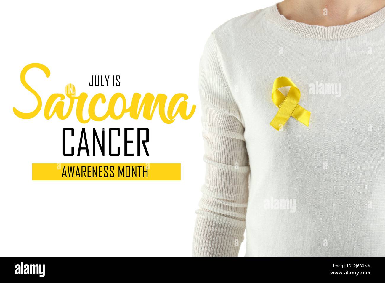 Woman with yellow ribbon and text JULY IS SARCOMA CANCER AWARENESS ...