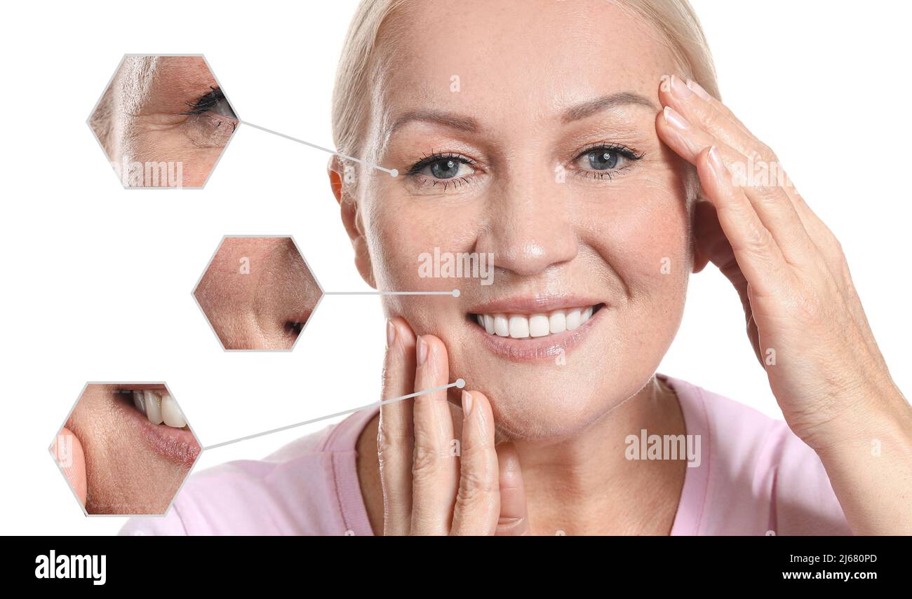 Beautiful mature woman with on white background. Skin aging concept ...