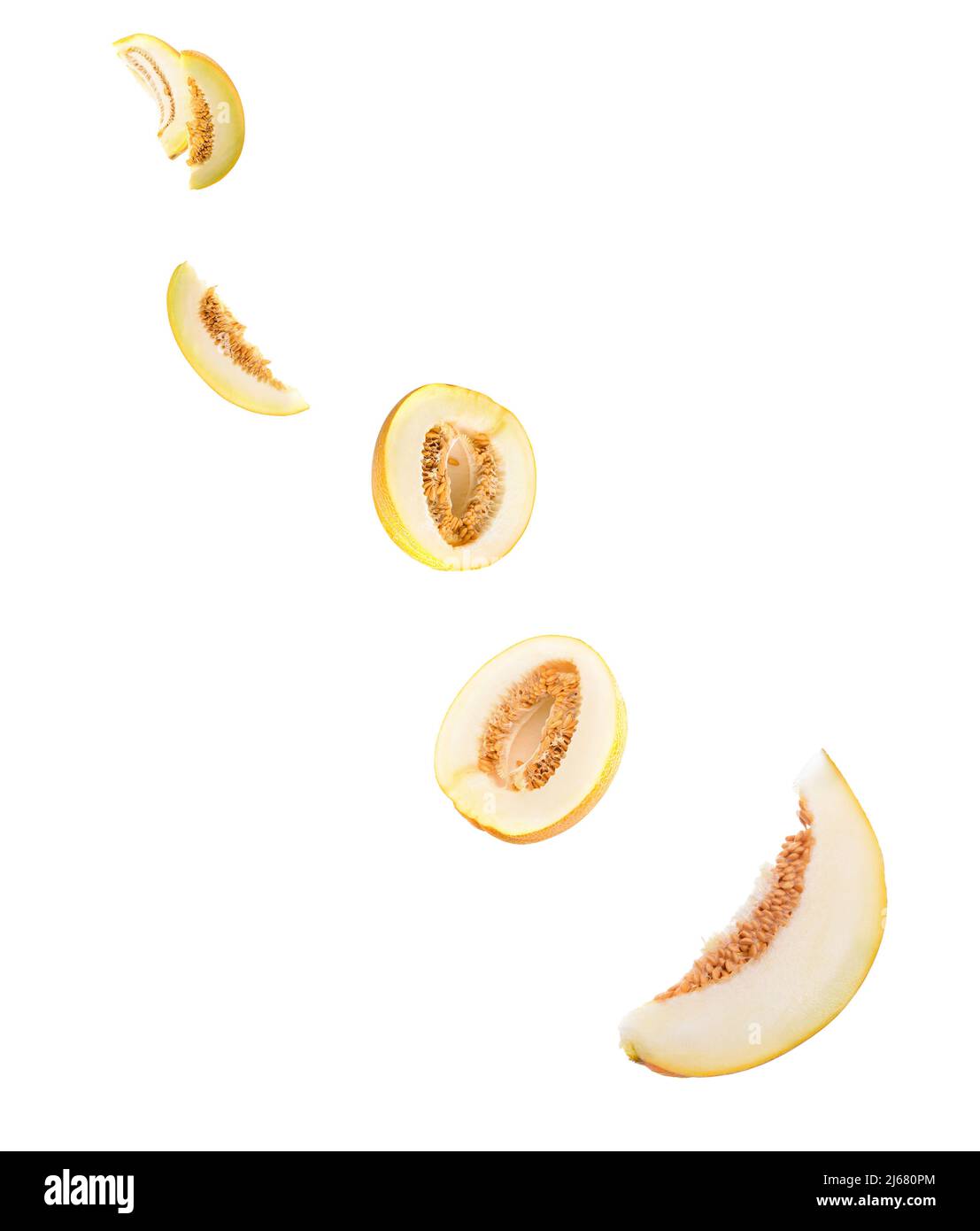 Flying cut melon isolated on white Stock Photo - Alamy