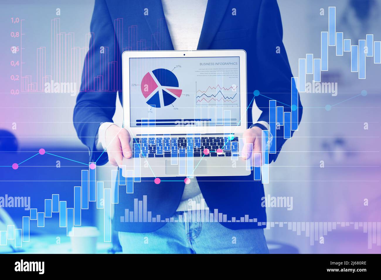 Broker holding laptop with business infographics on screen. Forex ...