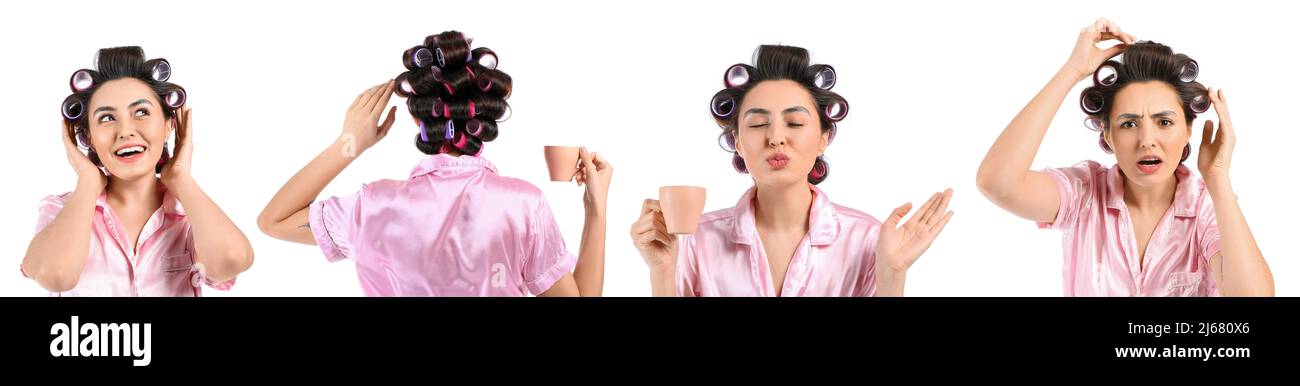 Set of beautiful young woman in pajamas and hair curlers isolated on ...