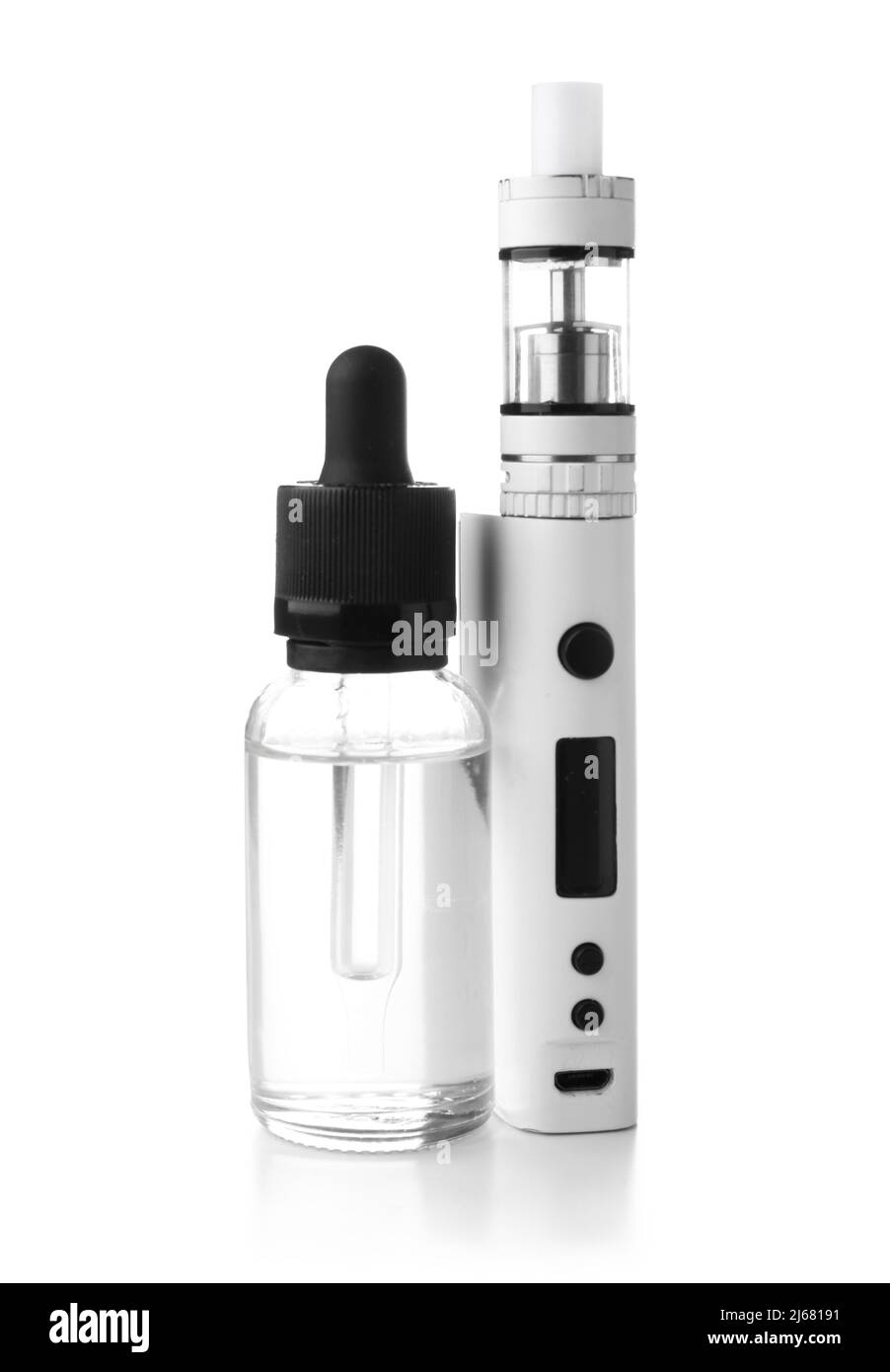 Modern vape mod and oil on white background Stock Photo - Alamy