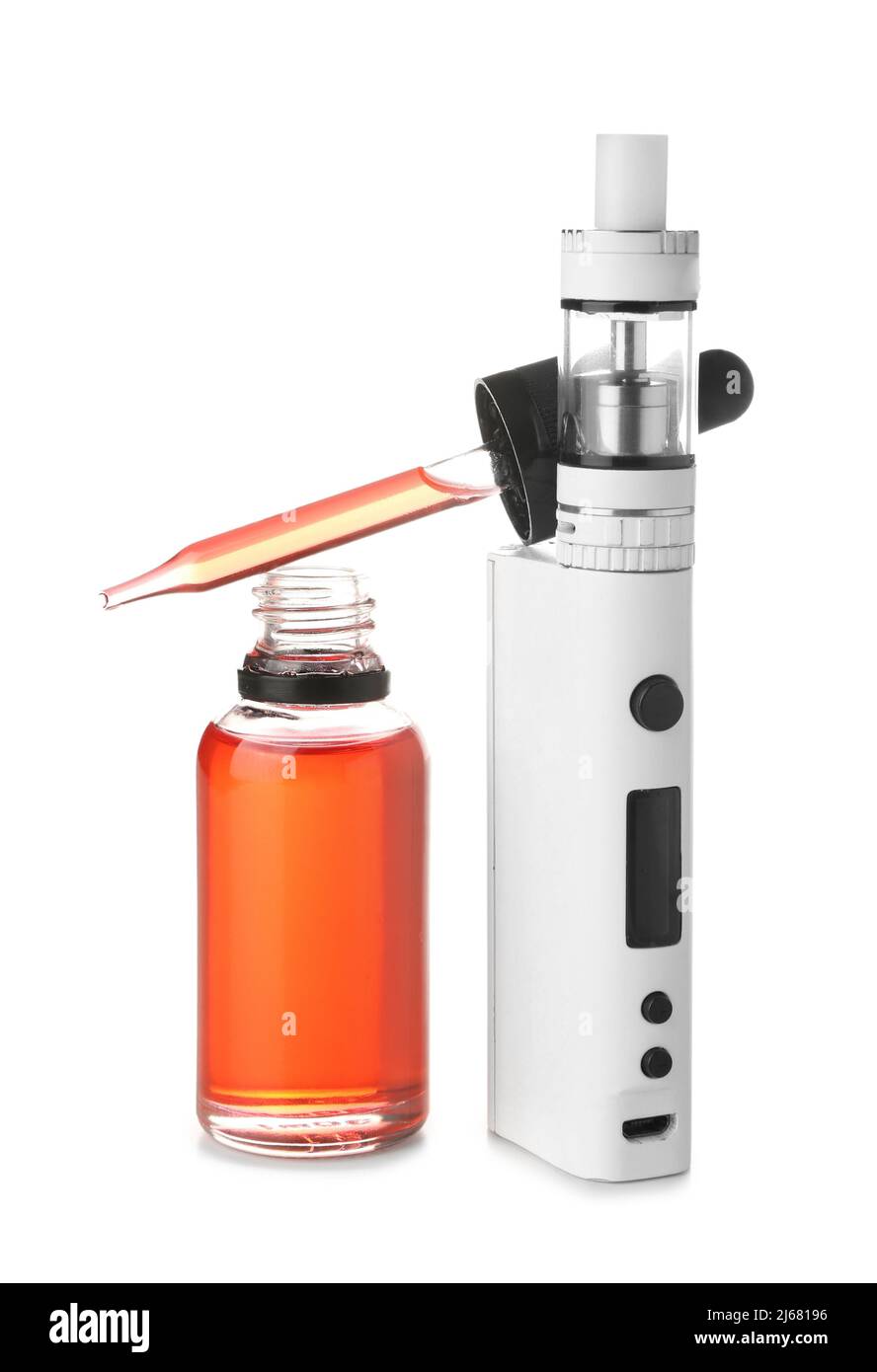 Modern vape mod and oil on white background Stock Photo - Alamy