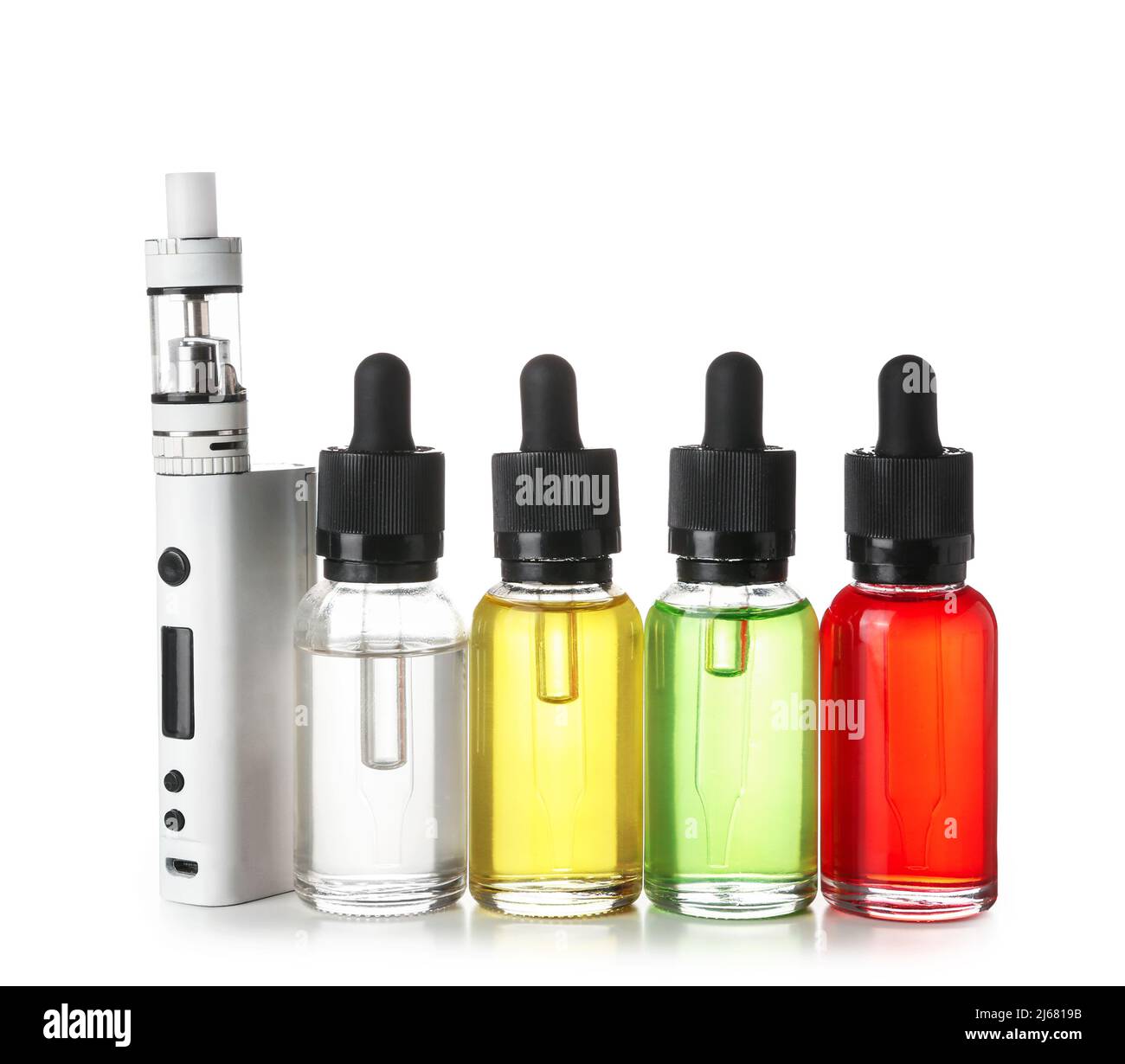 Modern vape mod and oils on white background Stock Photo - Alamy