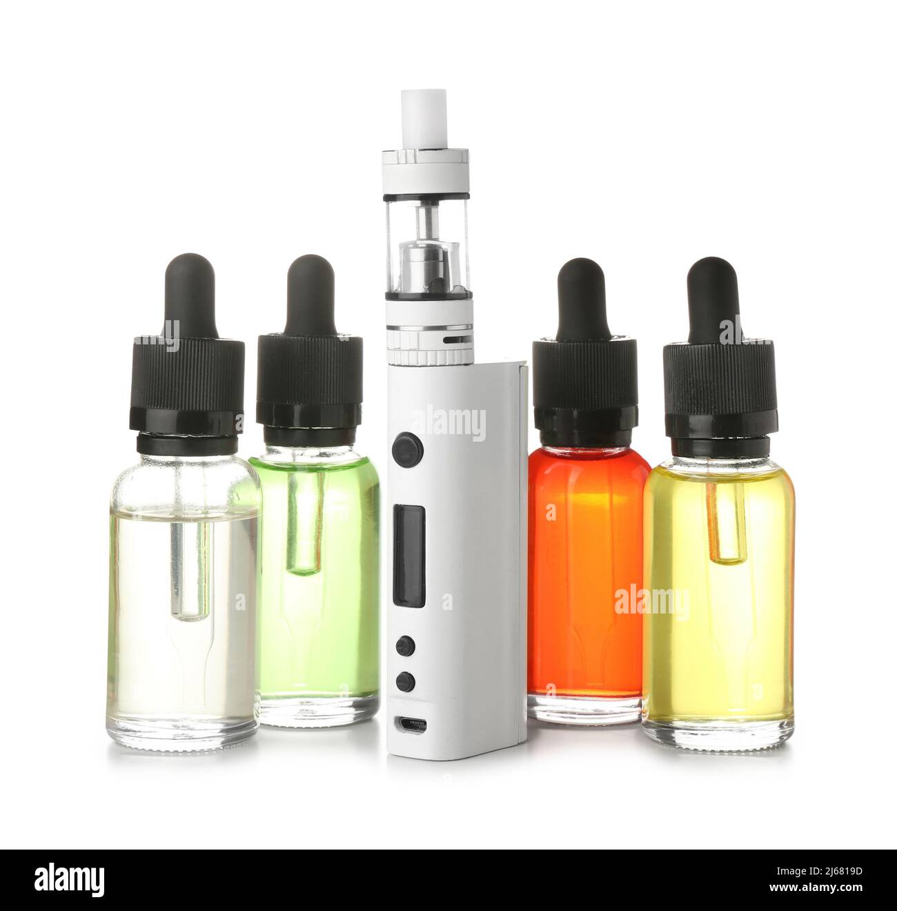 Modern vape mod and oils on white background Stock Photo - Alamy