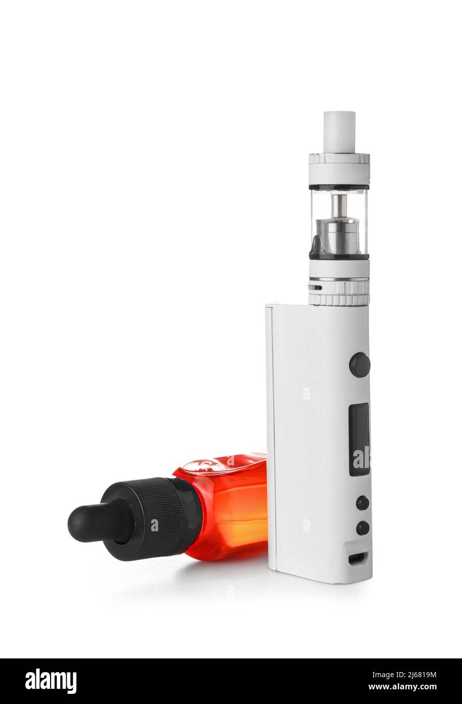 Modern vape mod and oil on white background Stock Photo - Alamy