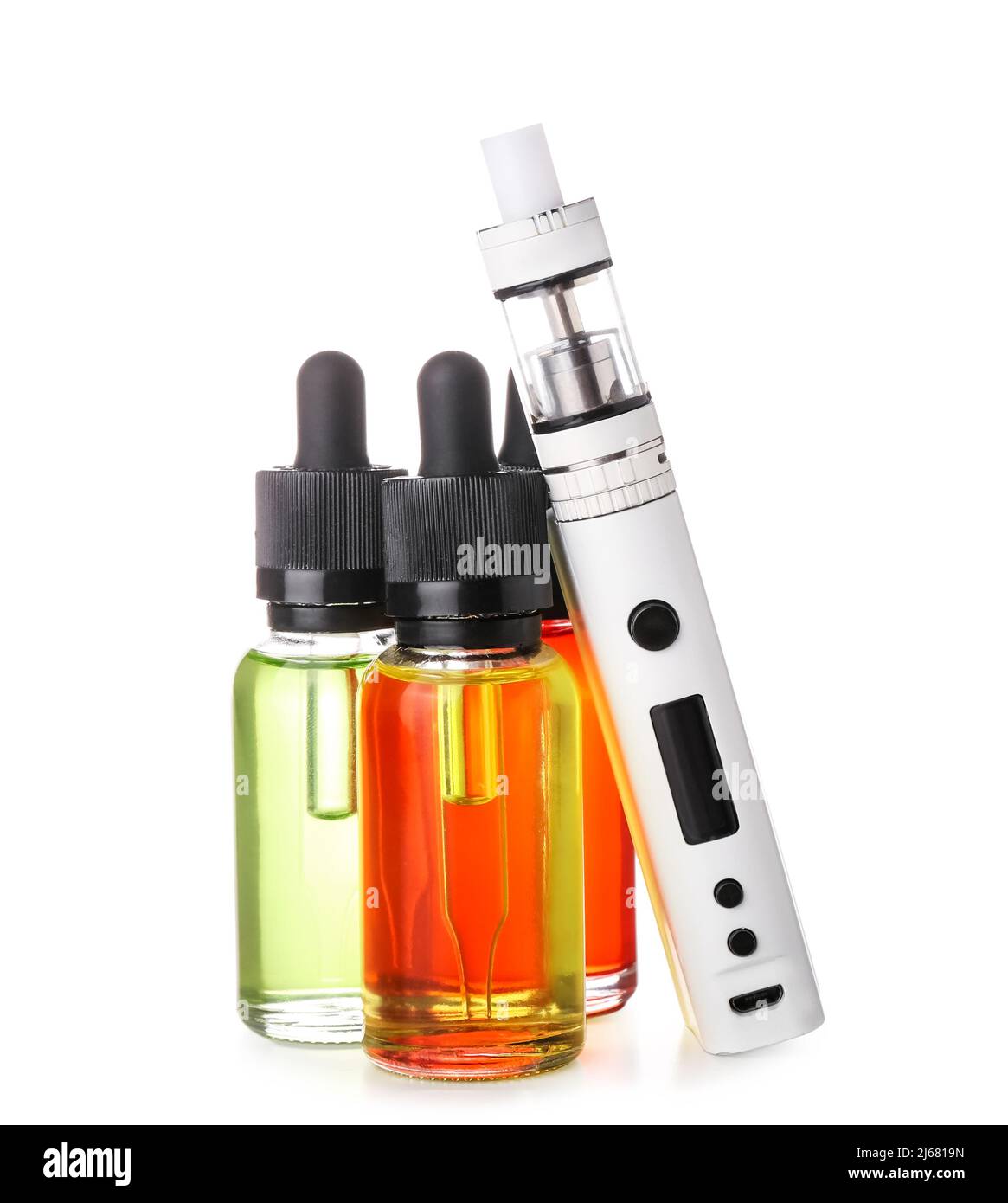 Modern vape mod and oils on white background Stock Photo - Alamy