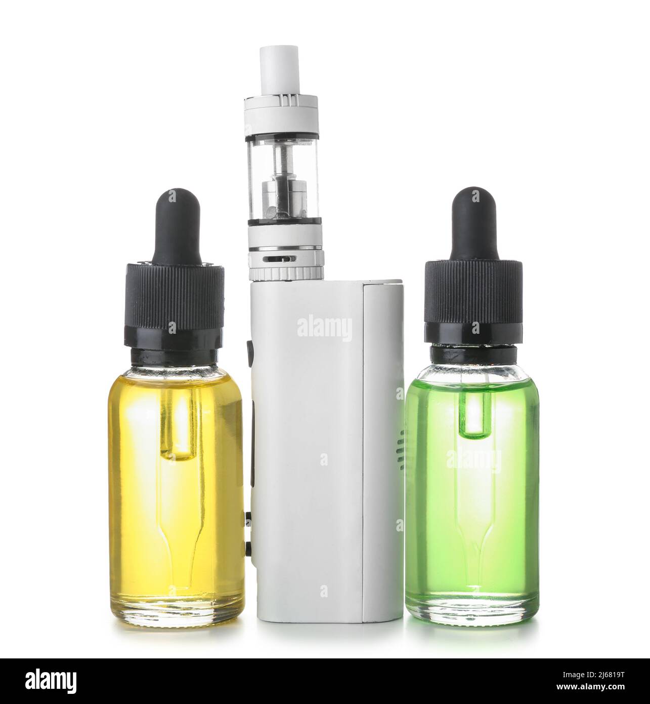 Modern vape mod and oils on white background Stock Photo - Alamy