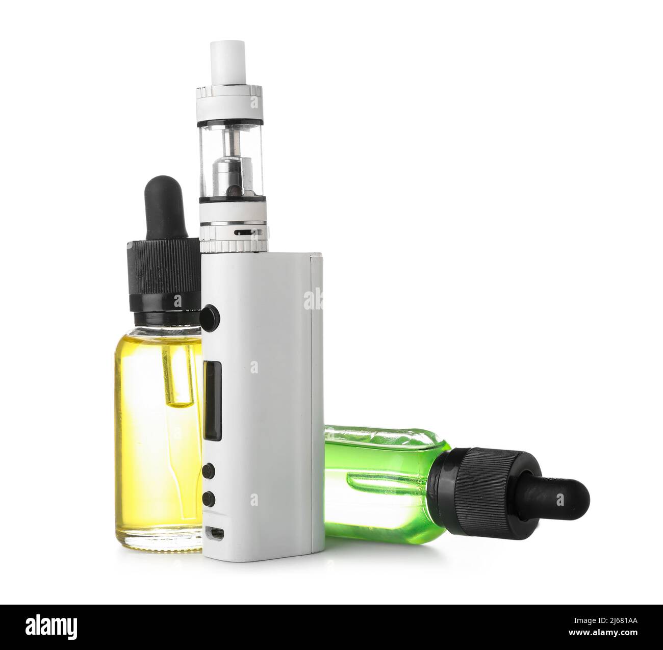 Modern vape mod and oils on white background Stock Photo - Alamy