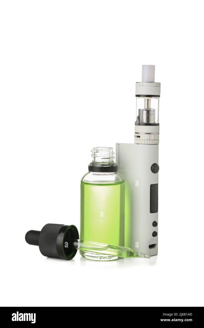 Modern vape mod and oil on white background Stock Photo - Alamy