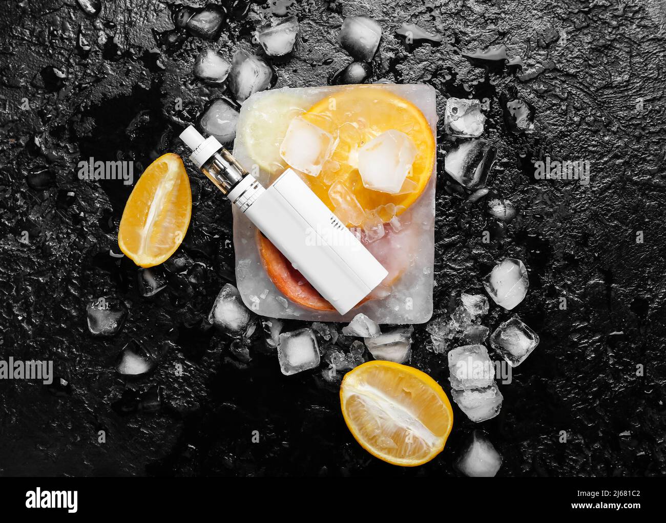 Modern vape mod, orange and ice cubes on black background Stock Photo ...