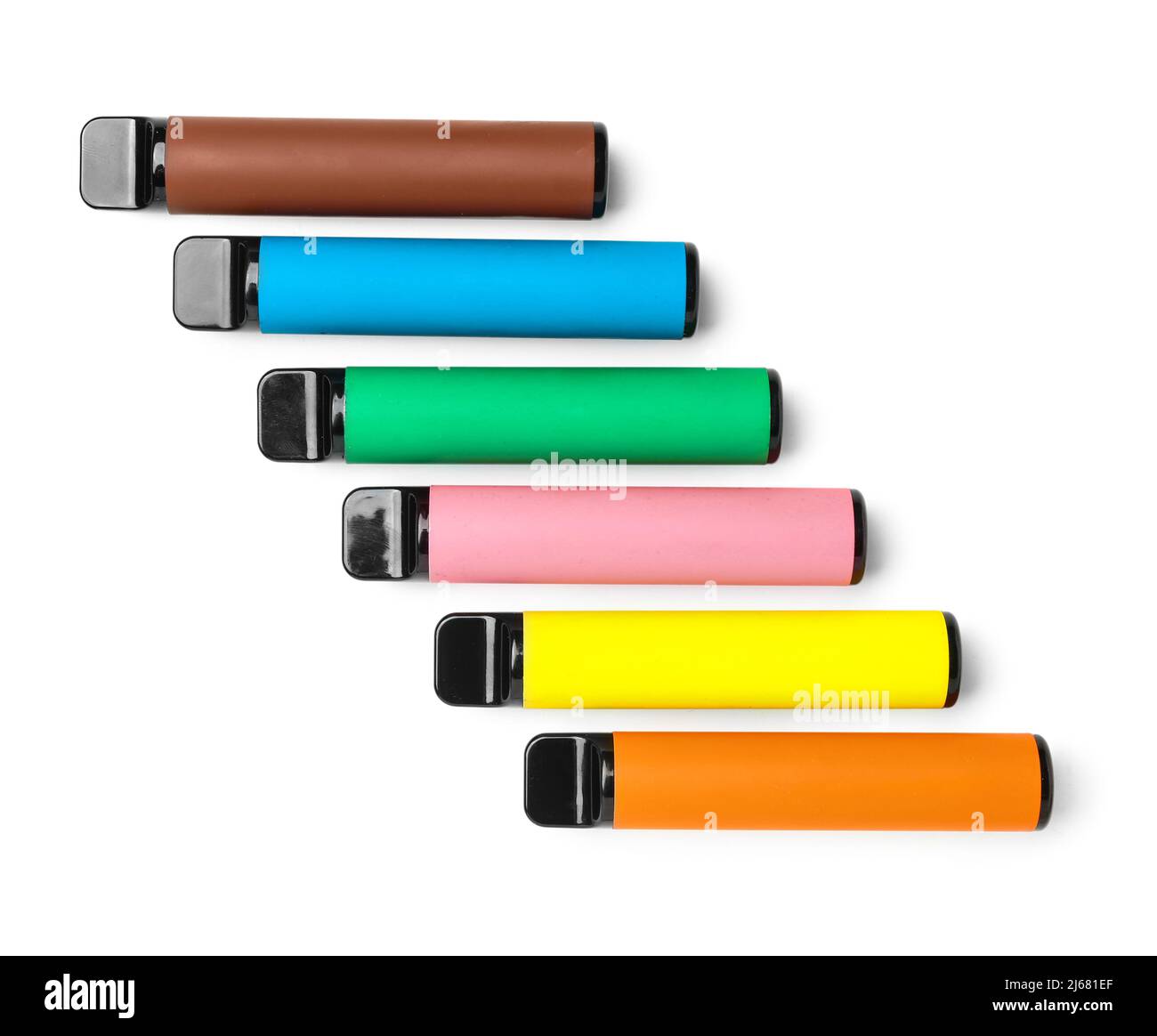 Different disposable electronic cigarettes on white background Stock ...