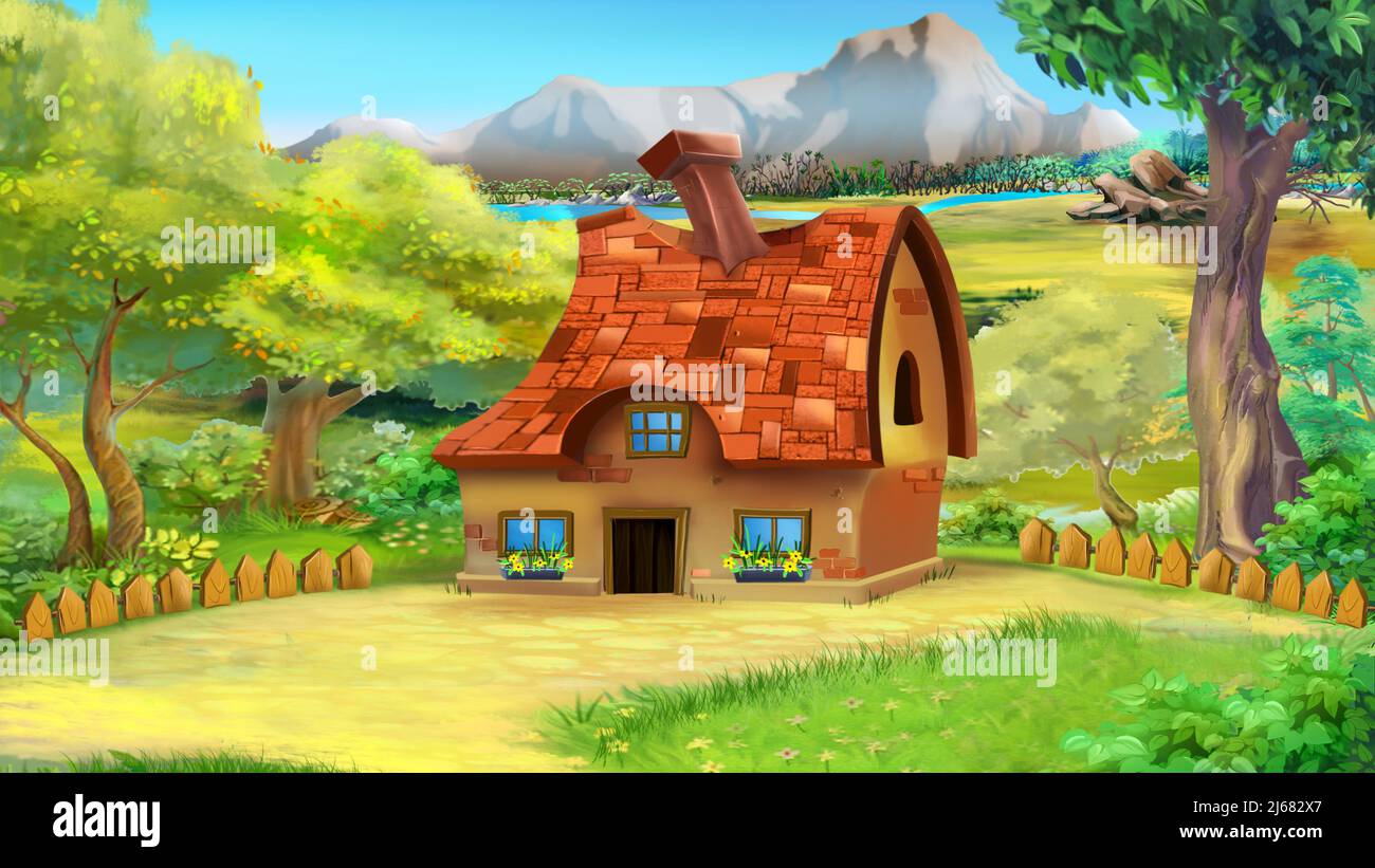 Fairy tale country house with path and trees on a summer day. Digital ...