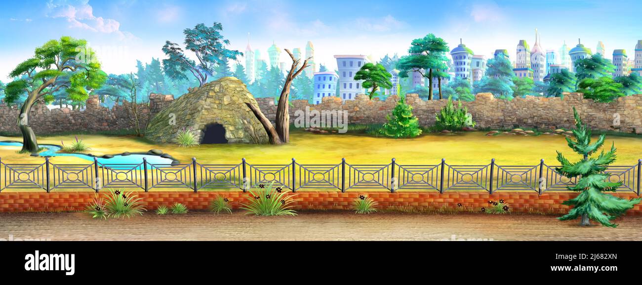 Animal enclosure in zoo and wildlife park. Digital Painting Background ...