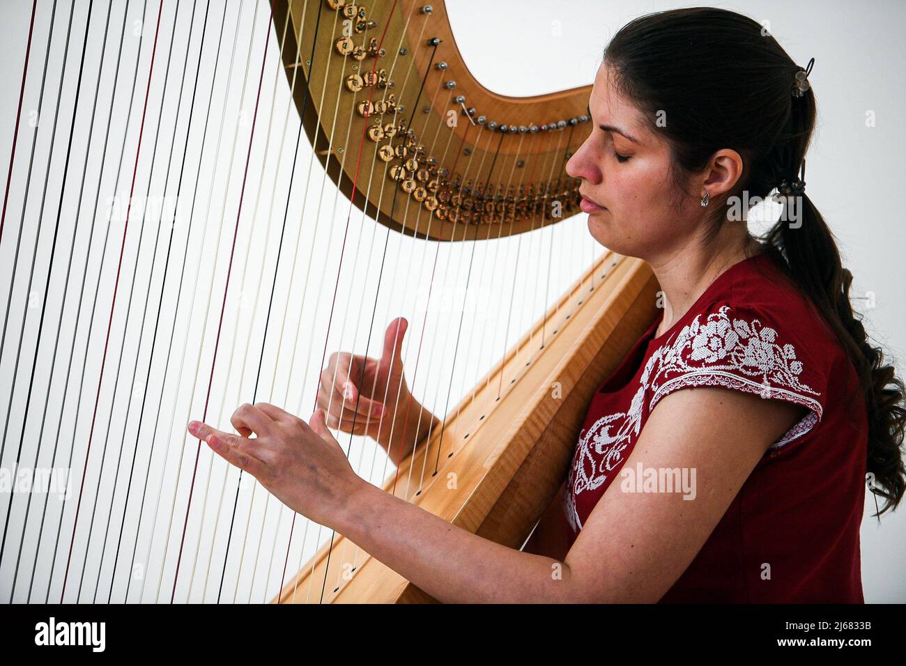 Ukrainian harpist Veronika Lemishenko seen during a special concert at ...