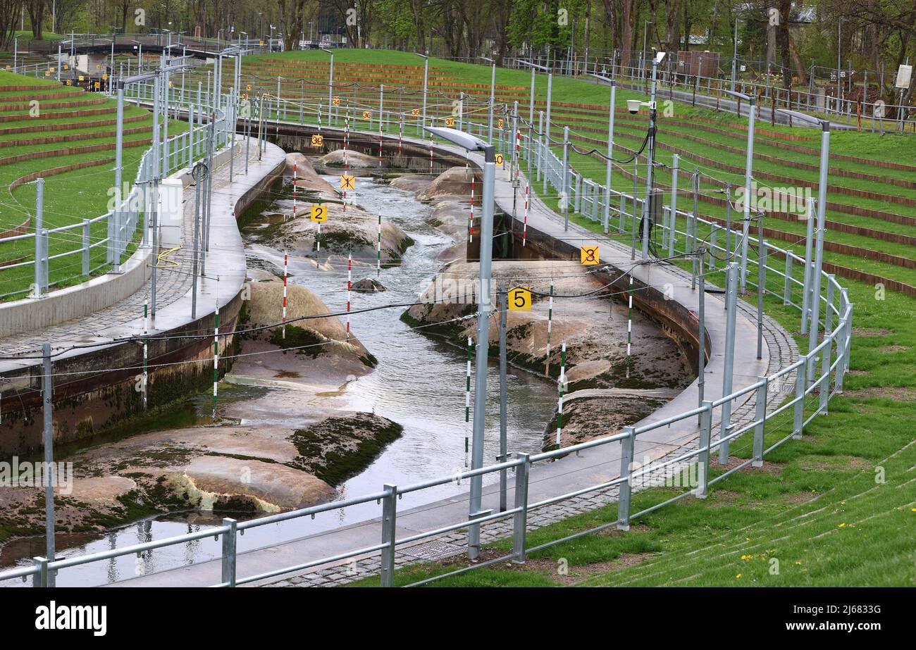 26 April 2022, Bavaria, Augsburg: The canoe slalom competition course ...