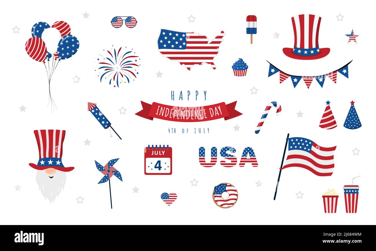 Set of icons for Independence Day of USA. Costumes and traditional ...
