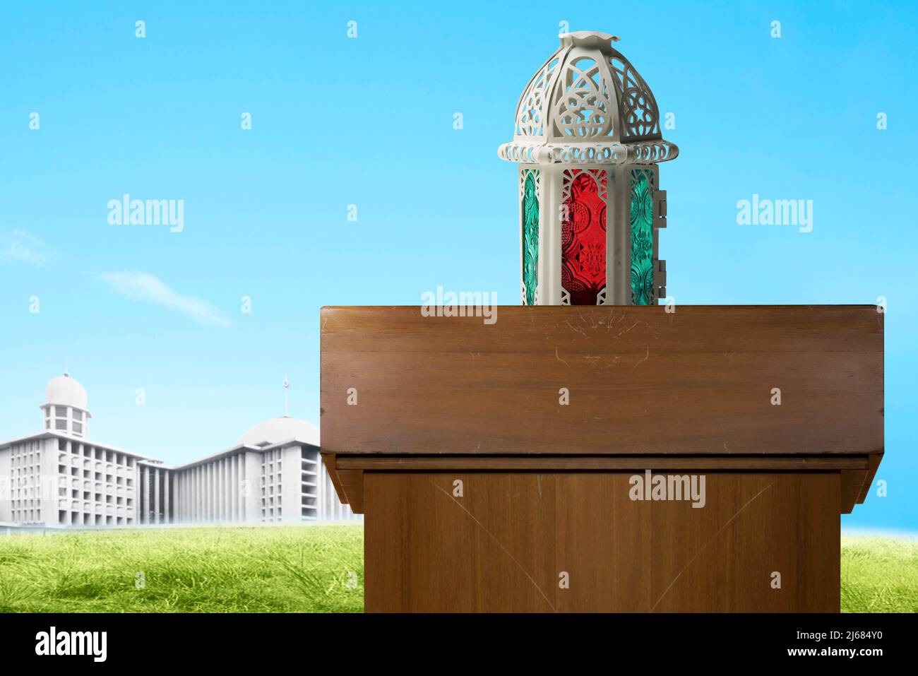 Arabic lamp with colorful light on the pulpit with mosque view Stock ...