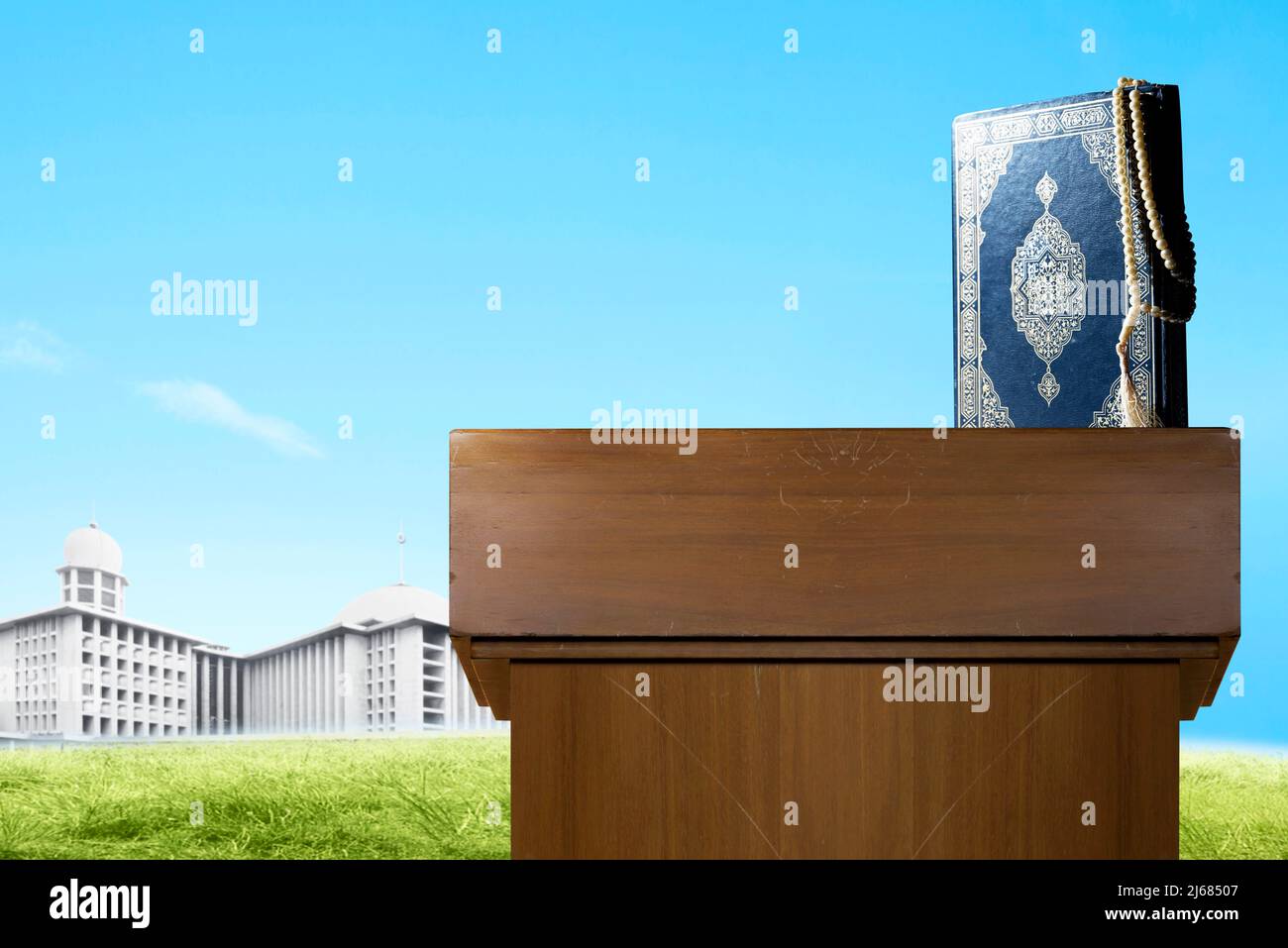 Quran and prayer beads on the pulpit with mosque view Stock Photo - Alamy