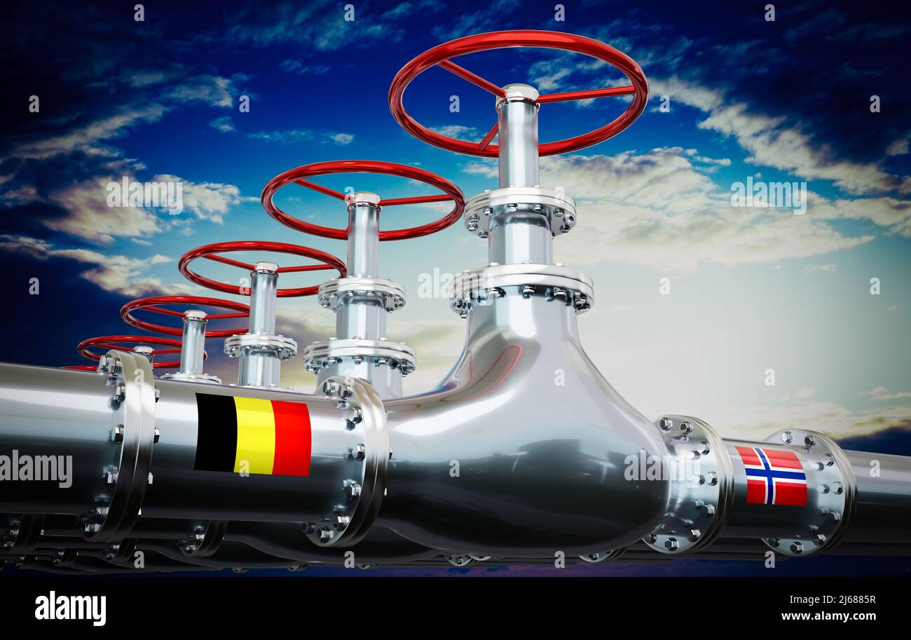 Gas pipeline, flags of Belgium and Norway - 3D illustration Stock Photo ...