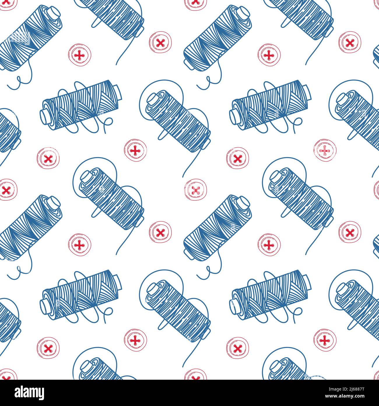 Seamless Pattern Of Thread Spools And Buttons Hand Drawn Doodles In