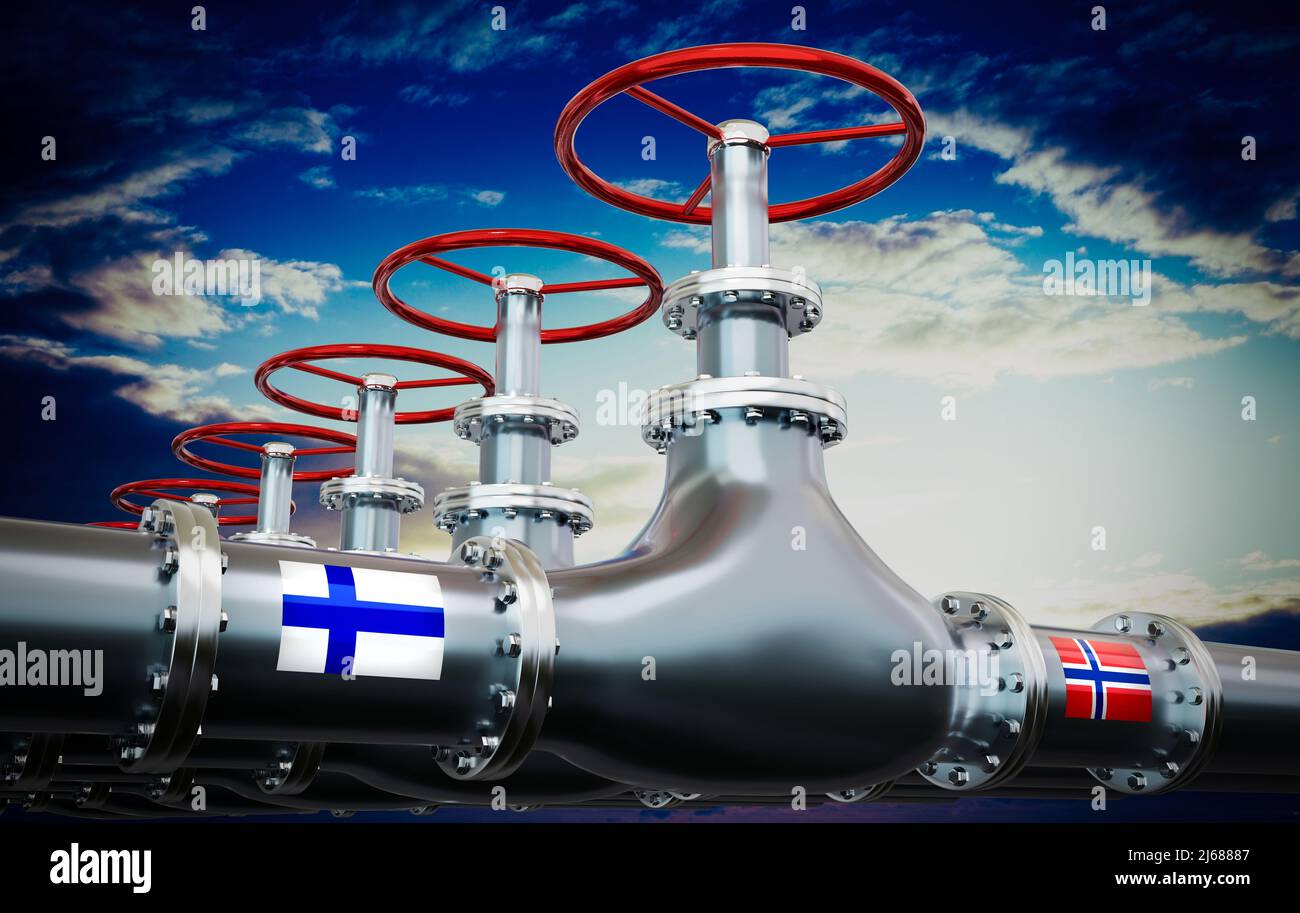 Gas pipeline, flags of Finland and Norway - 3D illustration Stock Photo ...