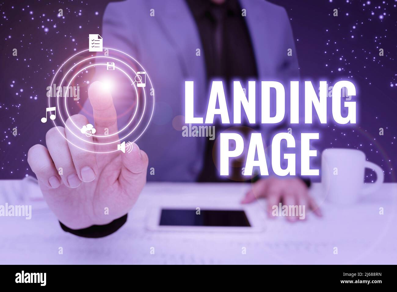 Sign displaying Landing Page. Internet Concept Website accessed by ...