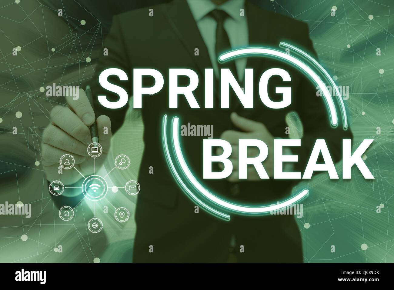 Text caption presenting Spring Break. Business overview Vacation period ...