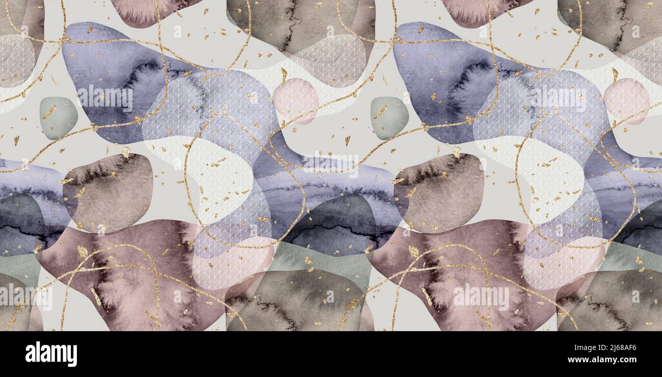 Seamless watercolor abstract organic blob shape overlay with gold lines ...