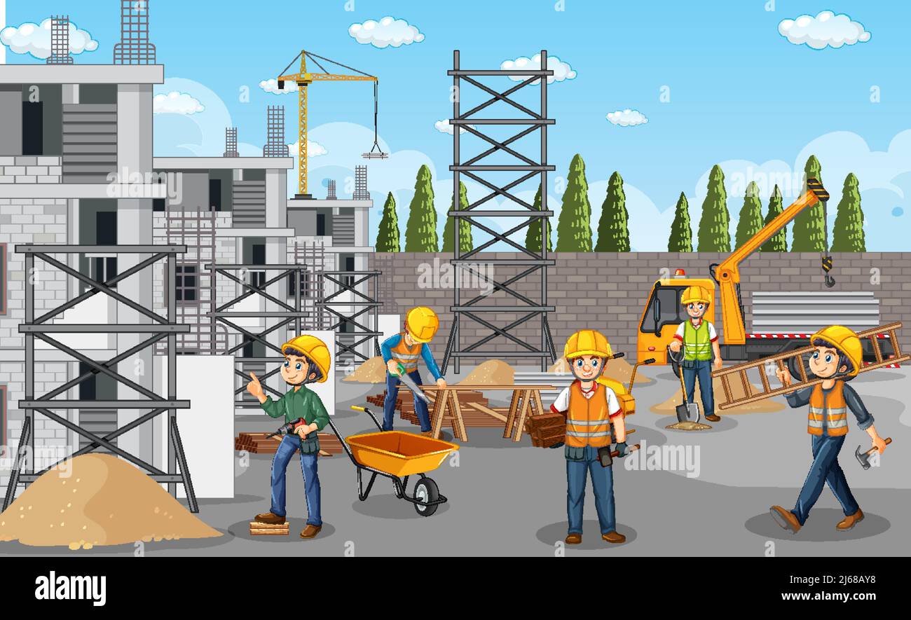 Building construction site with workers illustration Stock Vector Image ...