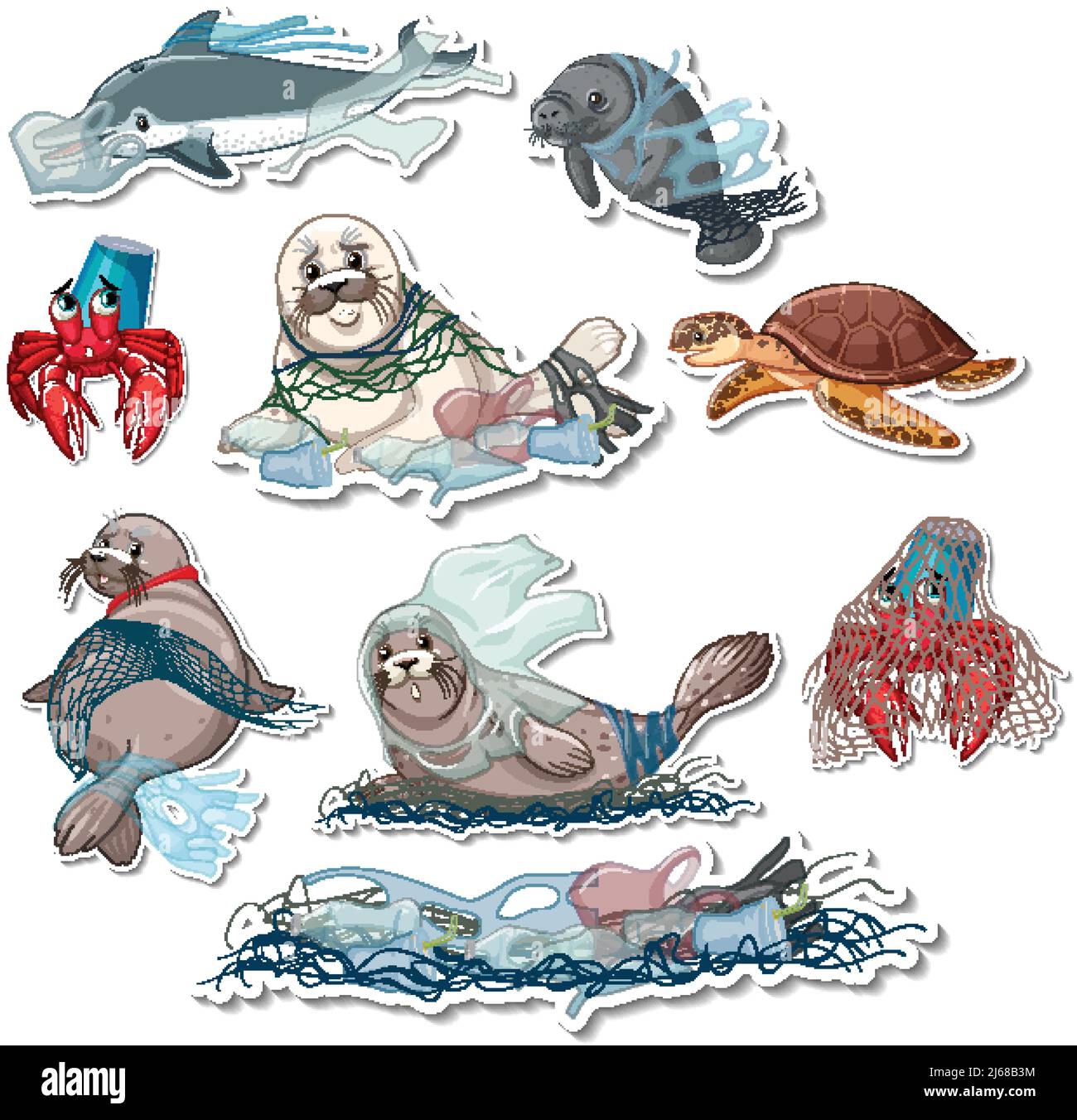 Sticker pack of different sea animals stuck in plastic illustration ...