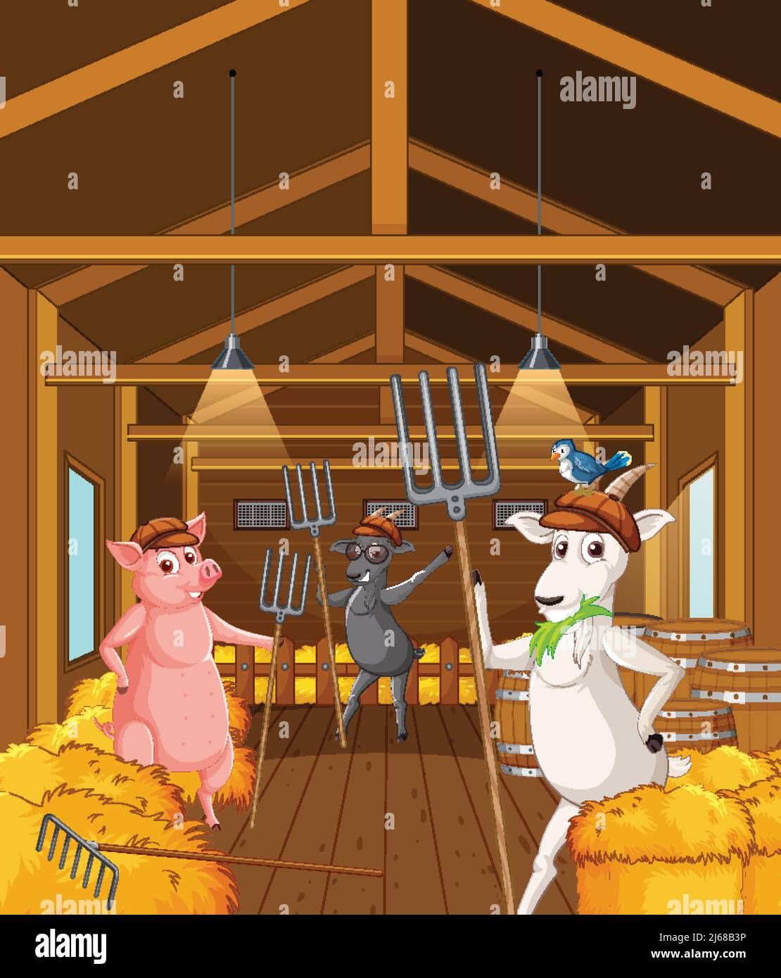 Barn indoor scene with farm animals illustration Stock Vector Image ...