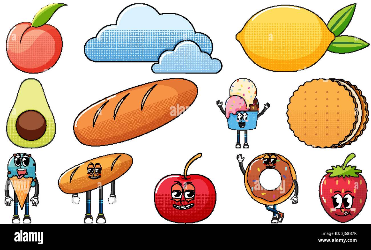 Set of facial expression with vintage style food cartoon on white ...