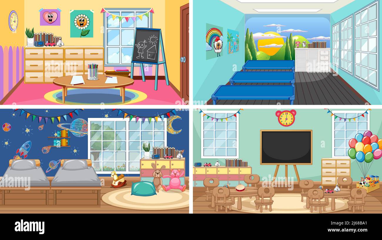 Set of different kindergarten classroom scenes illustration Stock ...