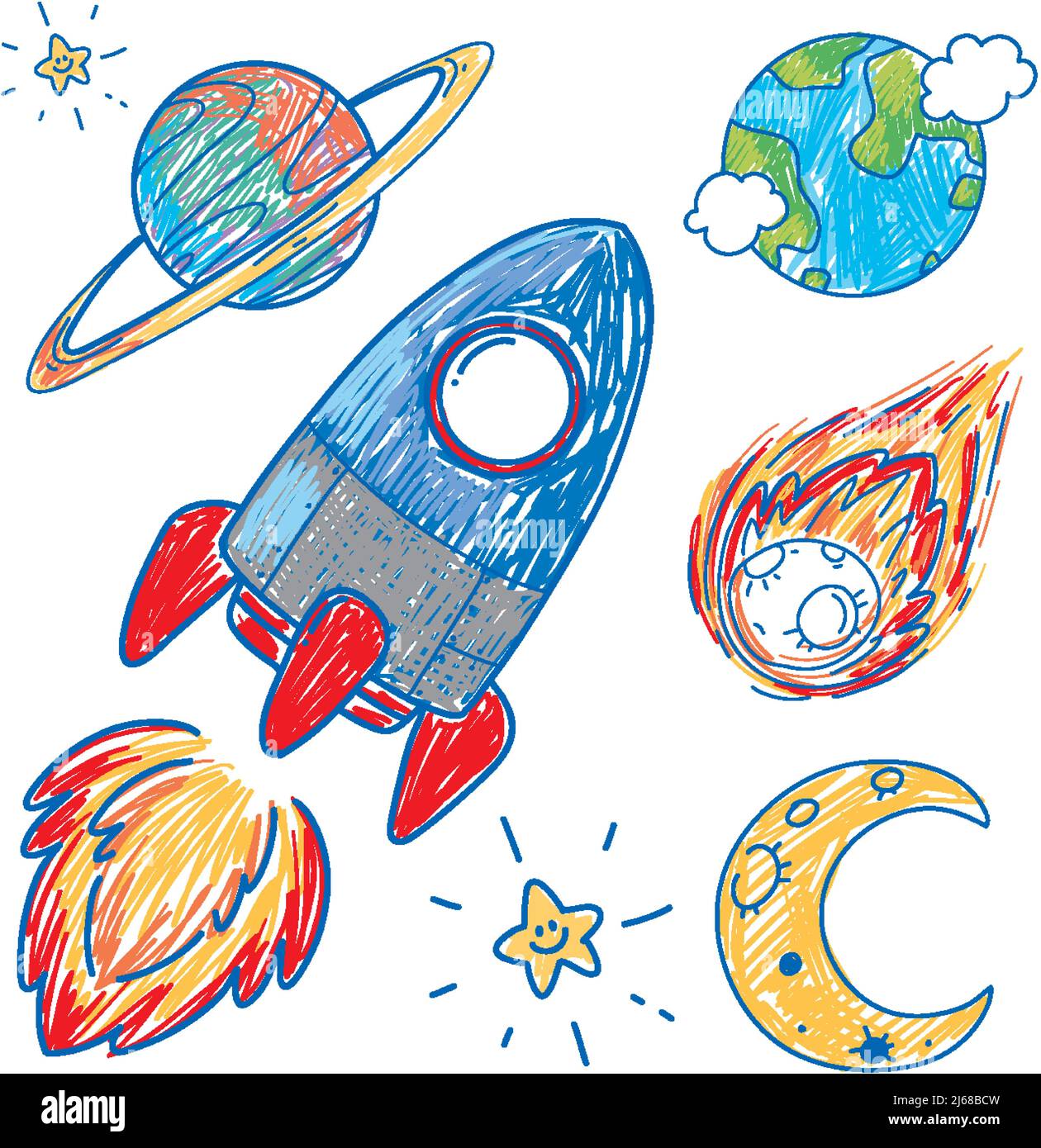 Coloured hand drawn spaceship collection illustration Stock Vector ...