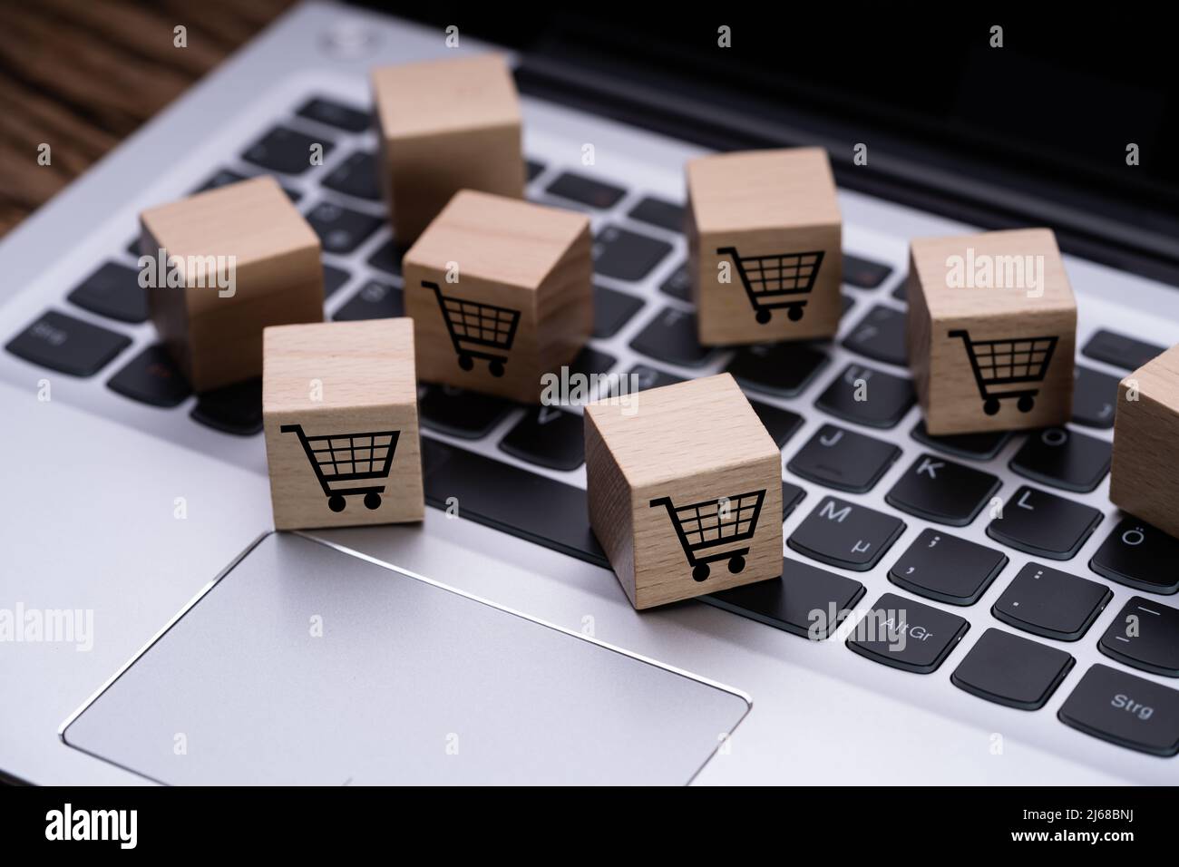 Miniature Online Shopping Cart Blocks On Laptop Keyboard Stock Photo ...