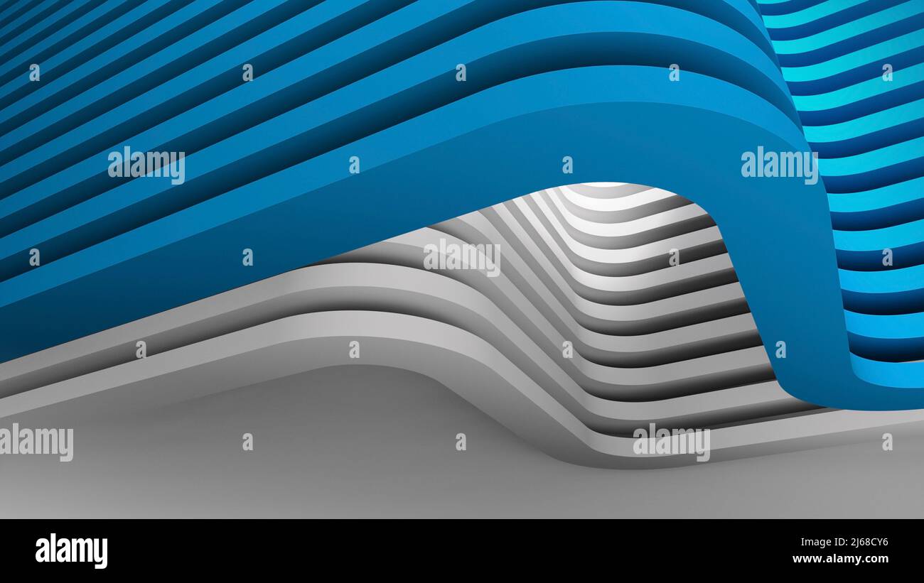 Abstract blue white geometric background with wavy parametric installation, 3d rendering ...