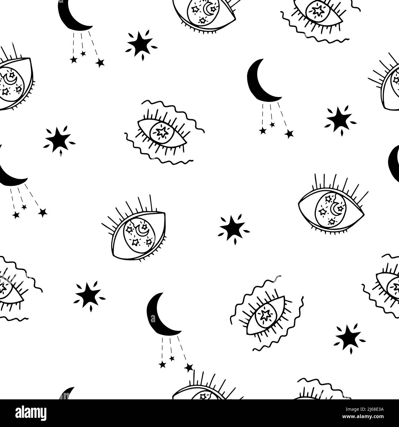 Seamless pattern with magic eye, moon and stars. Symbols of astology ...