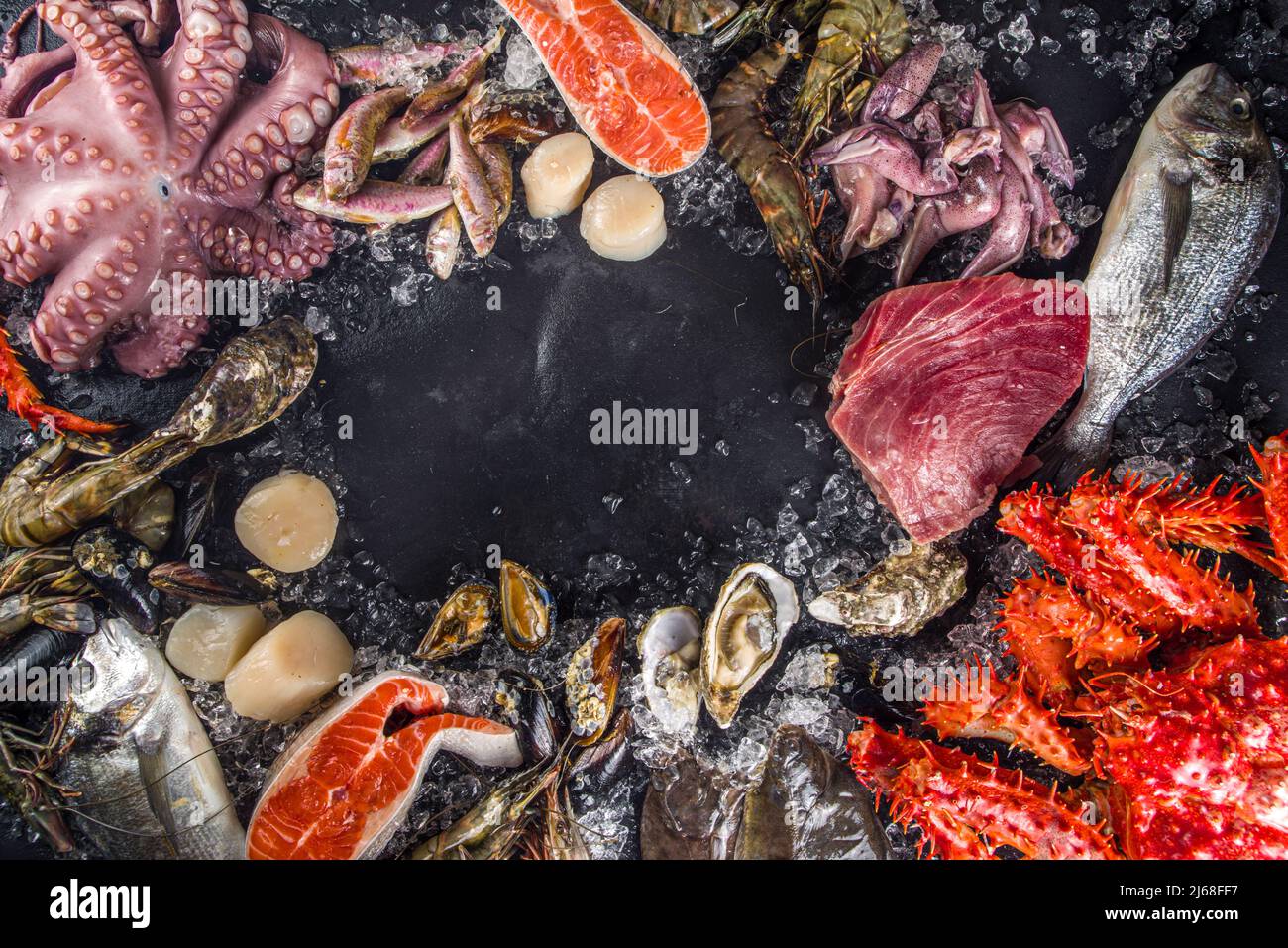 Set of various fresh raw seafood - octopus, crab, squid, shrimp prawn ...